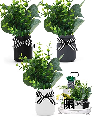 Nefelibata Farmhouse Mini Mason Jar Decor for Tiered Tray with Artificial Eucalyptus Leaves Small Floral Arrangement Rustic Faux Plants for Home Kitchen Office Desk Black White Small Greenery Set of 3