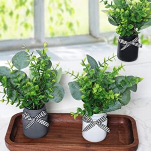 Nefelibata Farmhouse Mini Mason Jar Decor for Tiered Tray with Artificial Eucalyptus Leaves Small Floral Arrangement Rustic Faux Plants for Home Kitchen Office Desk Black White Small Greenery Set of 3