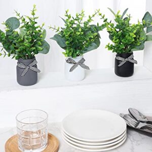 Nefelibata Farmhouse Mini Mason Jar Decor for Tiered Tray with Artificial Eucalyptus Leaves Small Floral Arrangement Rustic Faux Plants for Home Kitchen Office Desk Black White Small Greenery Set of 3