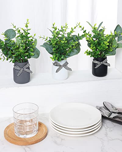 Nefelibata Farmhouse Mini Mason Jar Decor for Tiered Tray with Artificial Eucalyptus Leaves Small Floral Arrangement Rustic Faux Plants for Home Kitchen Office Desk Black White Small Greenery Set of 3