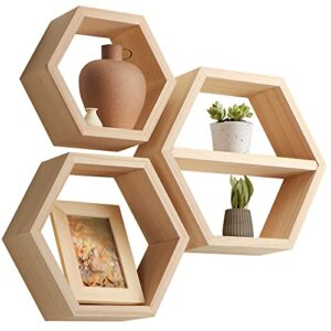 bettabode set of 3 hexagon shelves – wood honeycomb shelves, wall decor for living room, bedroom – modern wall mount hexagon floating shelves – floating hexagon shelves with photo frame