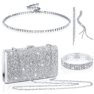 kigeli 4 pieces women rhinestone evening clutch bag rhinestone ear clip bridal wedding choker bracelet dangle bling glitter purse (silver)