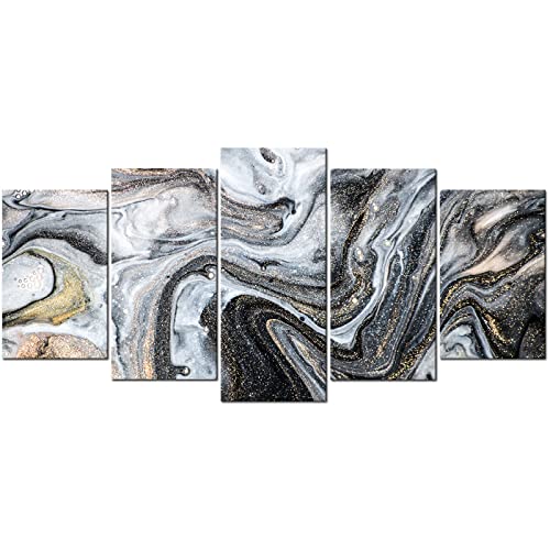 Abstract Canvas Wall Art, Black and Gold Office Wall Decor 5 Piece Set 60"W x 32"H, Large Modern Minimalist Grey Fluid Marble Texture Pictures Painting Artwork for Living Room Bedroom Home Decorations