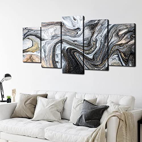 Abstract Canvas Wall Art, Black and Gold Office Wall Decor 5 Piece Set 60"W x 32"H, Large Modern Minimalist Grey Fluid Marble Texture Pictures Painting Artwork for Living Room Bedroom Home Decorations