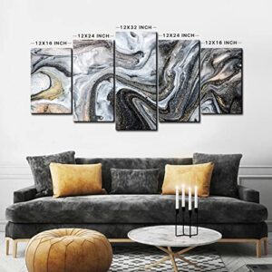 Abstract Canvas Wall Art, Black and Gold Office Wall Decor 5 Piece Set 60"W x 32"H, Large Modern Minimalist Grey Fluid Marble Texture Pictures Painting Artwork for Living Room Bedroom Home Decorations