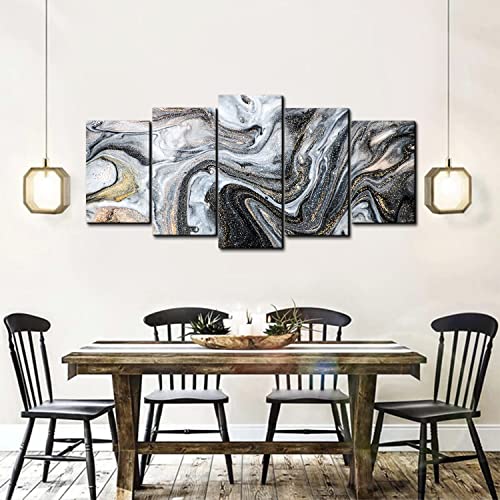 Abstract Canvas Wall Art, Black and Gold Office Wall Decor 5 Piece Set 60"W x 32"H, Large Modern Minimalist Grey Fluid Marble Texture Pictures Painting Artwork for Living Room Bedroom Home Decorations