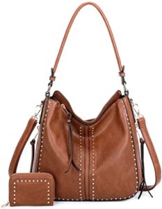 concealed carry hobo bag crossbody purse shoulder bag hand bag wallet studded faux leather women tote bag (brown)