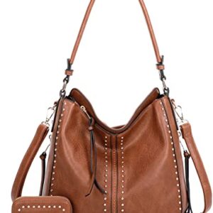 Concealed Carry Hobo Bag Crossbody Purse Shoulder Bag Hand Bag Wallet Studded Faux Leather Women Tote Bag (Brown)