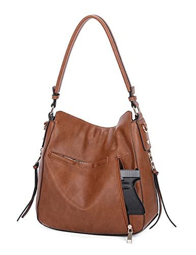 Concealed Carry Hobo Bag Crossbody Purse Shoulder Bag Hand Bag Wallet Studded Faux Leather Women Tote Bag (Brown)