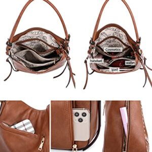 Concealed Carry Hobo Bag Crossbody Purse Shoulder Bag Hand Bag Wallet Studded Faux Leather Women Tote Bag (Brown)