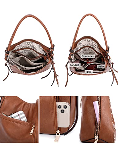 Concealed Carry Hobo Bag Crossbody Purse Shoulder Bag Hand Bag Wallet Studded Faux Leather Women Tote Bag (Brown)