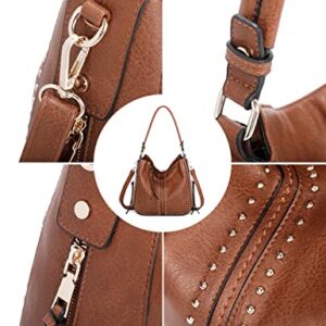 Concealed Carry Hobo Bag Crossbody Purse Shoulder Bag Hand Bag Wallet Studded Faux Leather Women Tote Bag (Brown)