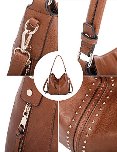 Concealed Carry Hobo Bag Crossbody Purse Shoulder Bag Hand Bag Wallet Studded Faux Leather Women Tote Bag (Brown)