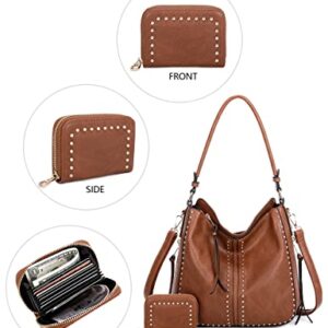 Concealed Carry Hobo Bag Crossbody Purse Shoulder Bag Hand Bag Wallet Studded Faux Leather Women Tote Bag (Brown)