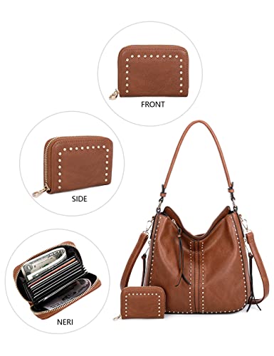 Concealed Carry Hobo Bag Crossbody Purse Shoulder Bag Hand Bag Wallet Studded Faux Leather Women Tote Bag (Brown)