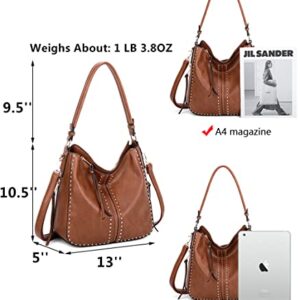 Concealed Carry Hobo Bag Crossbody Purse Shoulder Bag Hand Bag Wallet Studded Faux Leather Women Tote Bag (Brown)