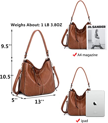 Concealed Carry Hobo Bag Crossbody Purse Shoulder Bag Hand Bag Wallet Studded Faux Leather Women Tote Bag (Brown)