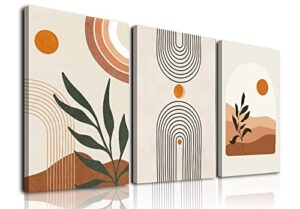 boho wall art set of 3, mid-century modern wall prints framed canvas paintings minimalist abstract geometric beige orange moon plant desert nature illustrations artwork, boho wall decor ready to hang for living room bedroom bathroom office(12″x16″)