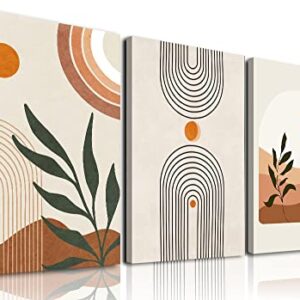 Boho Wall Art Set of 3, Mid-Century Modern Wall Prints Framed Canvas Paintings Minimalist Abstract Geometric Beige Orange Moon Plant Desert Nature Illustrations Artwork, Boho Wall Decor Ready To Hang for Living Room Bedroom Bathroom Office(12"x16")