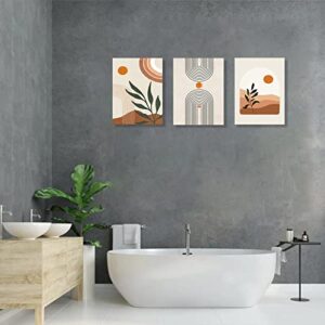 Boho Wall Art Set of 3, Mid-Century Modern Wall Prints Framed Canvas Paintings Minimalist Abstract Geometric Beige Orange Moon Plant Desert Nature Illustrations Artwork, Boho Wall Decor Ready To Hang for Living Room Bedroom Bathroom Office(12"x16")