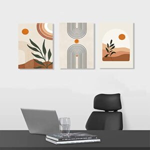 Boho Wall Art Set of 3, Mid-Century Modern Wall Prints Framed Canvas Paintings Minimalist Abstract Geometric Beige Orange Moon Plant Desert Nature Illustrations Artwork, Boho Wall Decor Ready To Hang for Living Room Bedroom Bathroom Office(12"x16")