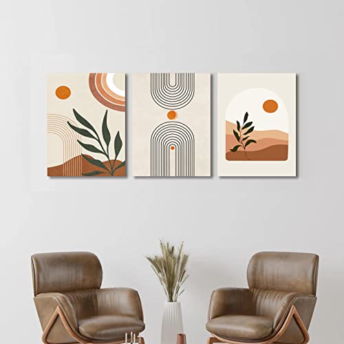 Boho Wall Art Set of 3, Mid-Century Modern Wall Prints Framed Canvas Paintings Minimalist Abstract Geometric Beige Orange Moon Plant Desert Nature Illustrations Artwork, Boho Wall Decor Ready To Hang for Living Room Bedroom Bathroom Office(12"x16")