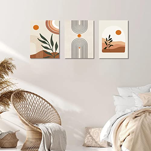 Boho Wall Art Set of 3, Mid-Century Modern Wall Prints Framed Canvas Paintings Minimalist Abstract Geometric Beige Orange Moon Plant Desert Nature Illustrations Artwork, Boho Wall Decor Ready To Hang for Living Room Bedroom Bathroom Office(12"x16")