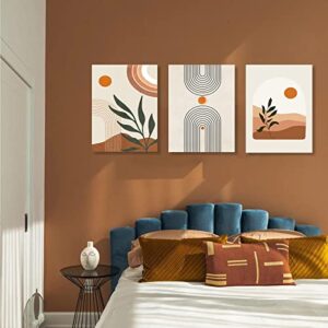 Boho Wall Art Set of 3, Mid-Century Modern Wall Prints Framed Canvas Paintings Minimalist Abstract Geometric Beige Orange Moon Plant Desert Nature Illustrations Artwork, Boho Wall Decor Ready To Hang for Living Room Bedroom Bathroom Office(12"x16")