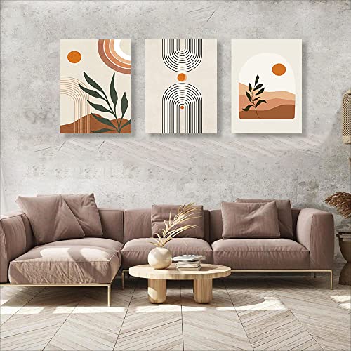 Boho Wall Art Set of 3, Mid-Century Modern Wall Prints Framed Canvas Paintings Minimalist Abstract Geometric Beige Orange Moon Plant Desert Nature Illustrations Artwork, Boho Wall Decor Ready To Hang for Living Room Bedroom Bathroom Office(12"x16")