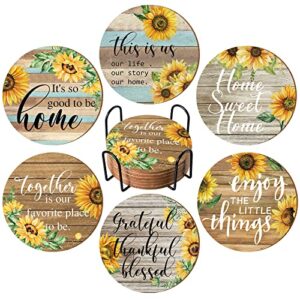 6 pieces vintage sunflower drink coasters with holder sunflower wood drink coasters absorbent coaster housewarming hostess gifts for new home funny drinks coasters for home living room decor (wood)