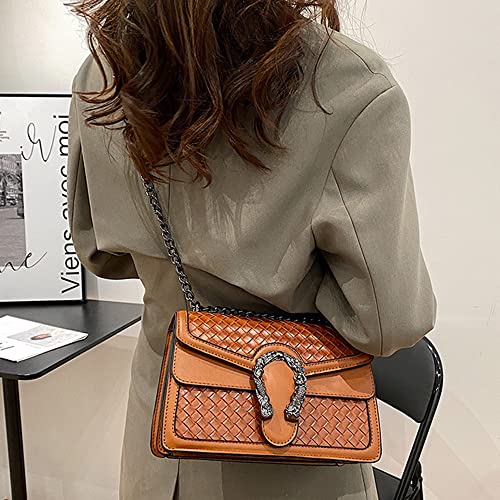 Movefad Women Crossbody Shoulder Bag Trendy Weave Leather Square Tote Metal Chain Satchel Wallet Handbag