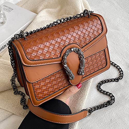 Movefad Women Crossbody Shoulder Bag Trendy Weave Leather Square Tote Metal Chain Satchel Wallet Handbag