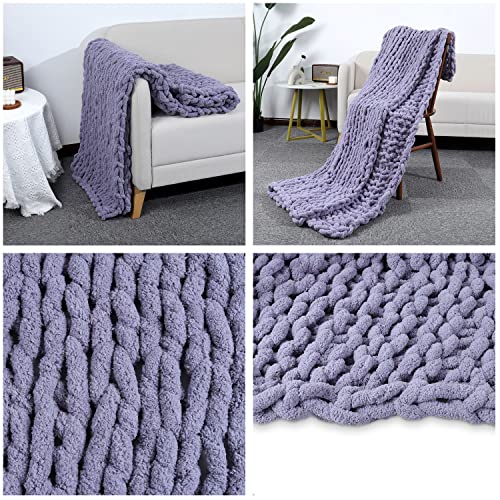 Queenshin Luxury Chenille Chunky Knitted Throw,Christmas 1000 GMS Large Cable Knit Soft Fluffy Blanket for Sofa Couch Bed 50 * 60 inch, Grey