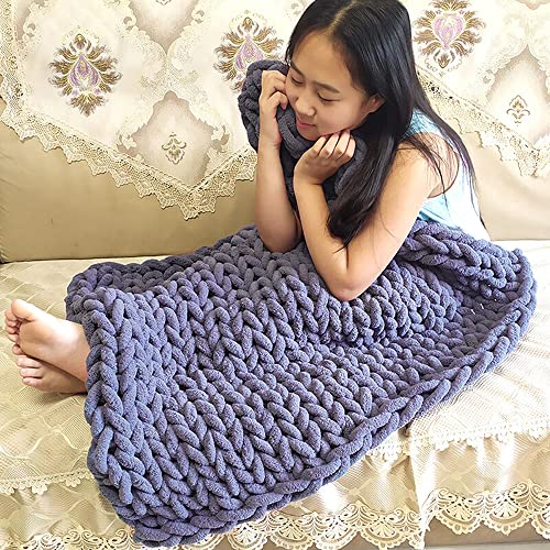 Queenshin Luxury Chenille Chunky Knitted Throw,Christmas 1000 GMS Large Cable Knit Soft Fluffy Blanket for Sofa Couch Bed 50 * 60 inch, Grey