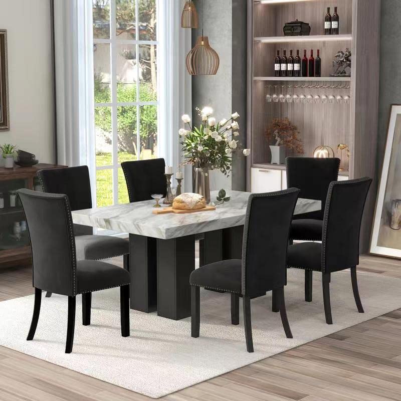 Melpomene Premium 7-Piece Dining Table Set with One 70" L Faux Marble Dining Rectangular Table and 6 Upholstered-Seat Chairs for 6, for Dining Room and Living Room Furniture (Classic Black)