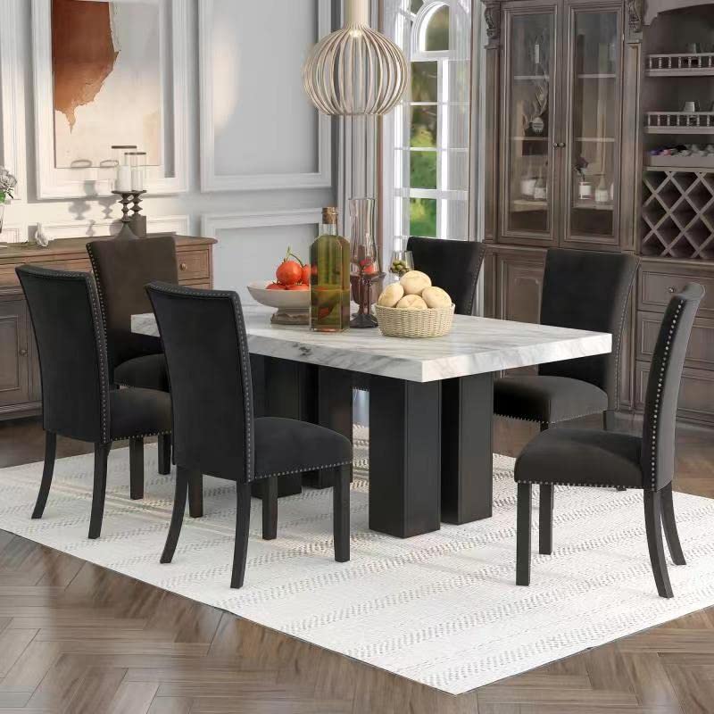 Melpomene Premium 7-Piece Dining Table Set with One 70" L Faux Marble Dining Rectangular Table and 6 Upholstered-Seat Chairs for 6, for Dining Room and Living Room Furniture (Classic Black)