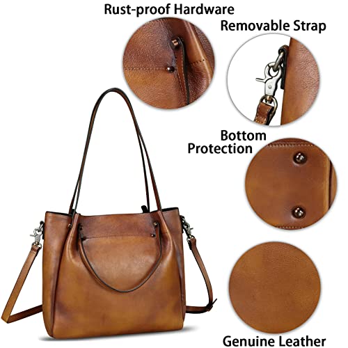 Genuine Leather Handbags for Women Satchel Purses Vintage Handmade Shoulder Bag Top Handle Handbag Totes (Brown)