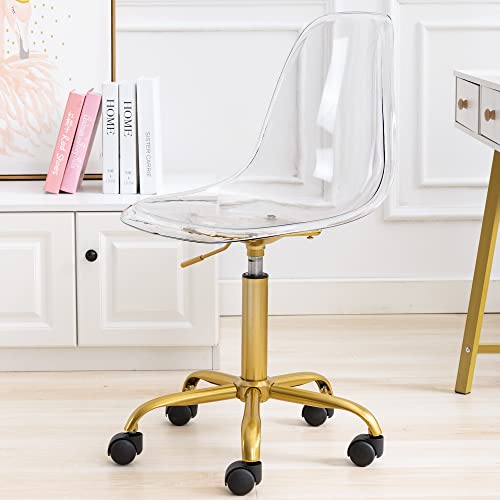 HOMEFUN Clear Rolling Chair, Armless Acrylic Desk Chair with Golden Feet Swivel Molded Plastic Shell Chair Adjustable Home Office Chair with Wheels, Clear