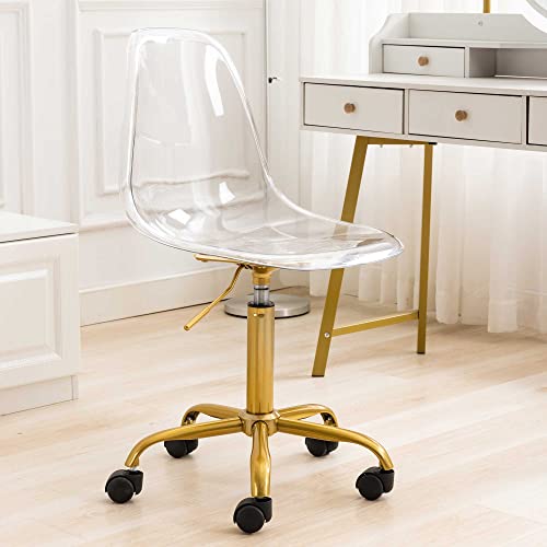 HOMEFUN Clear Rolling Chair, Armless Acrylic Desk Chair with Golden Feet Swivel Molded Plastic Shell Chair Adjustable Home Office Chair with Wheels, Clear