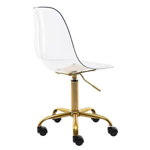 HOMEFUN Clear Rolling Chair, Armless Acrylic Desk Chair with Golden Feet Swivel Molded Plastic Shell Chair Adjustable Home Office Chair with Wheels, Clear