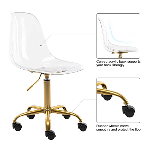 HOMEFUN Clear Rolling Chair, Armless Acrylic Desk Chair with Golden Feet Swivel Molded Plastic Shell Chair Adjustable Home Office Chair with Wheels, Clear