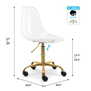 HOMEFUN Clear Rolling Chair, Armless Acrylic Desk Chair with Golden Feet Swivel Molded Plastic Shell Chair Adjustable Home Office Chair with Wheels, Clear