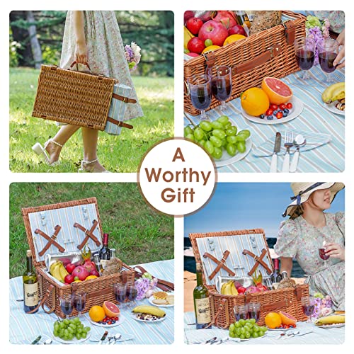 Wicker Picnic Basket Set for 4 Persons with Large Insulated Cooler Compartment, Adjustable Shoulder Strap, Willow Hamper and Free Waterproof Blanket Set with Cutlery Service Kit