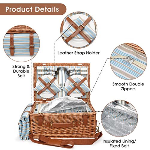 Wicker Picnic Basket Set for 4 Persons with Large Insulated Cooler Compartment, Adjustable Shoulder Strap, Willow Hamper and Free Waterproof Blanket Set with Cutlery Service Kit