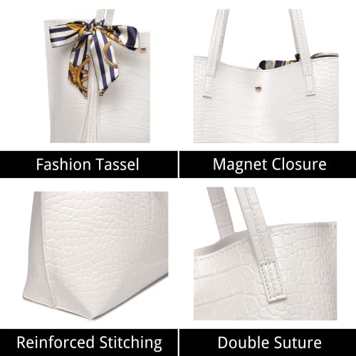 Women's Tote Shoulder Bag PU Leather Big Capacity Tassel Handbag (L, White)