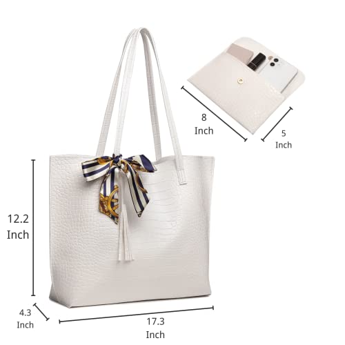 Women's Tote Shoulder Bag PU Leather Big Capacity Tassel Handbag (L, White)