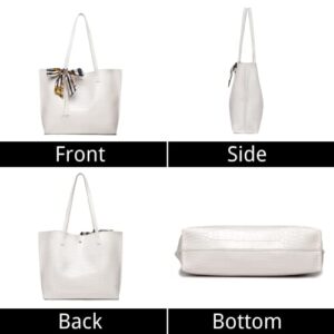 Women's Tote Shoulder Bag PU Leather Big Capacity Tassel Handbag (L, White)