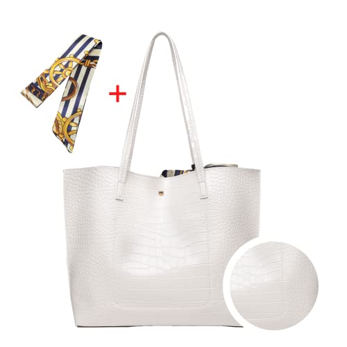 Women's Tote Shoulder Bag PU Leather Big Capacity Tassel Handbag (L, White)