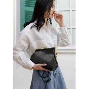 Women Shoulder Bags Crossbody Bag PU Leather Hobo Handbags Clutch Purse with Metal Clasp Closure-Black