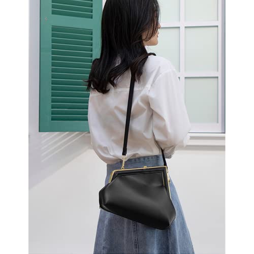 Women Shoulder Bags Crossbody Bag PU Leather Hobo Handbags Clutch Purse with Metal Clasp Closure-Black